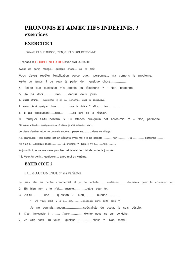 Exercices sur les pronoms et adjectifs indéfinis | PDF