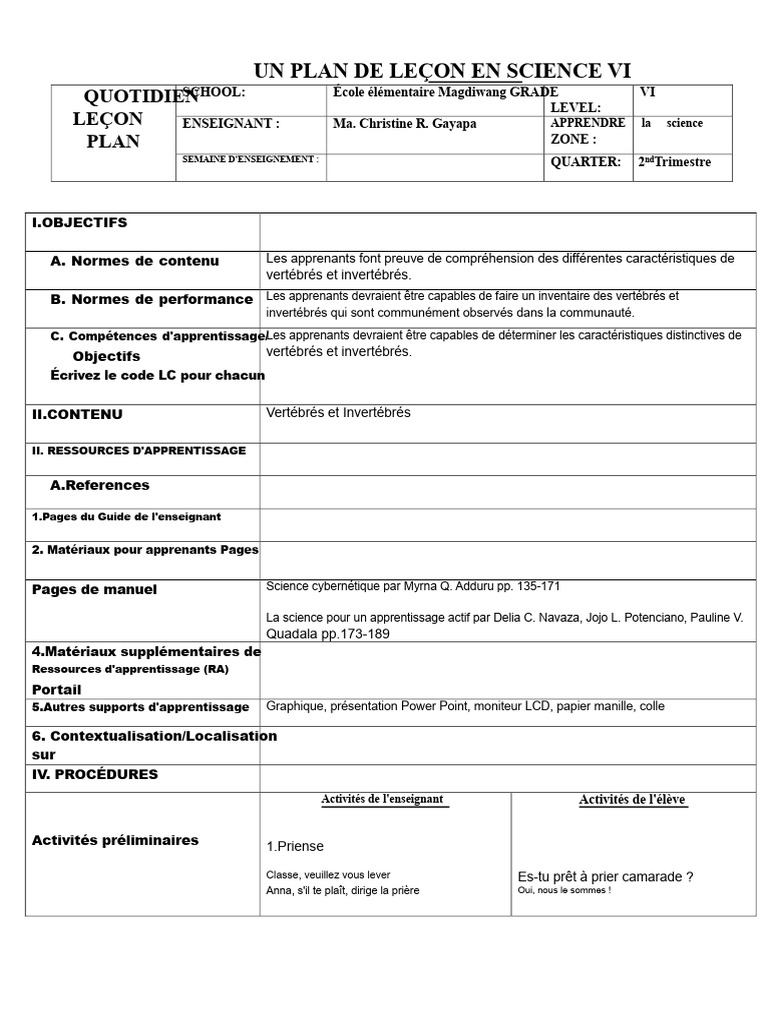 Plan de leçon sur vertébrés et invertébrés | PDF | Invertébrés | Vertébrés