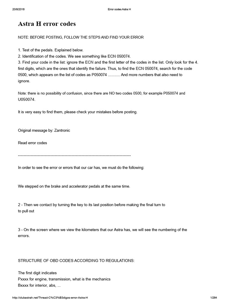 Astra H Error Codes | PDF | Throttle | Fuel Injection