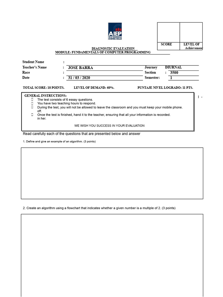Programming Fundamentals Diagnostic Test Section 3500 | PDF