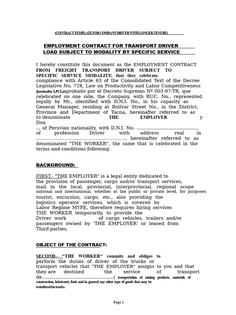 Contract Model For Company Driver With The Most Seniority | PDF ...