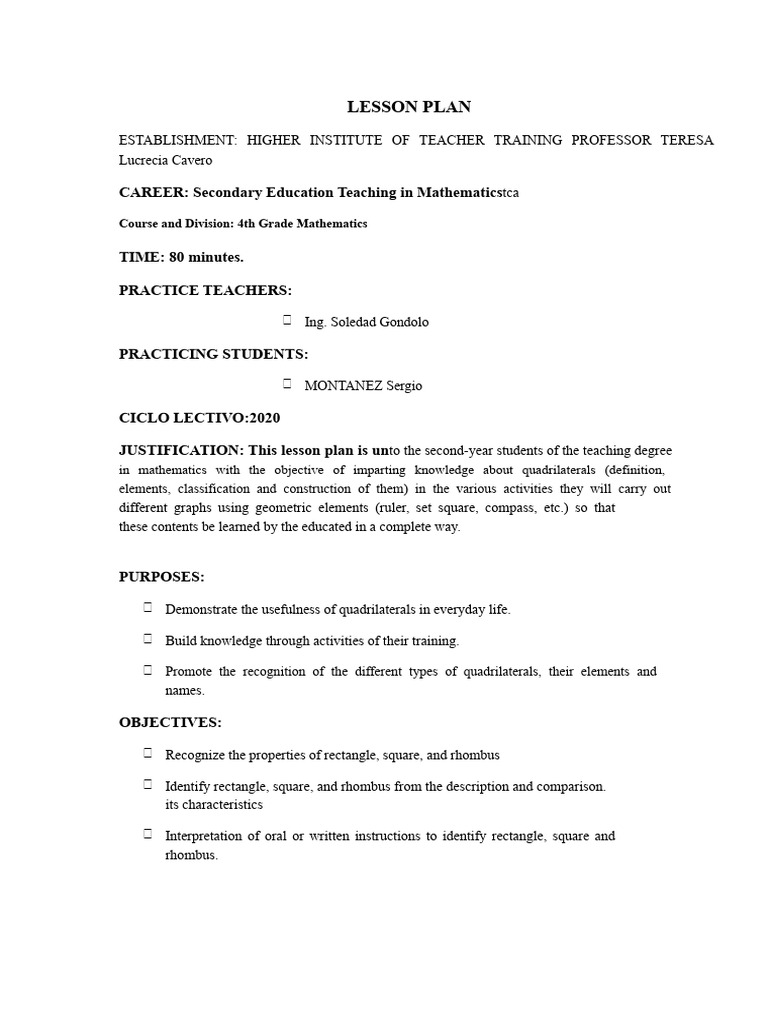 Lesson Plan - Quadrilaterals | PDF | Geometric Shapes | Euclid