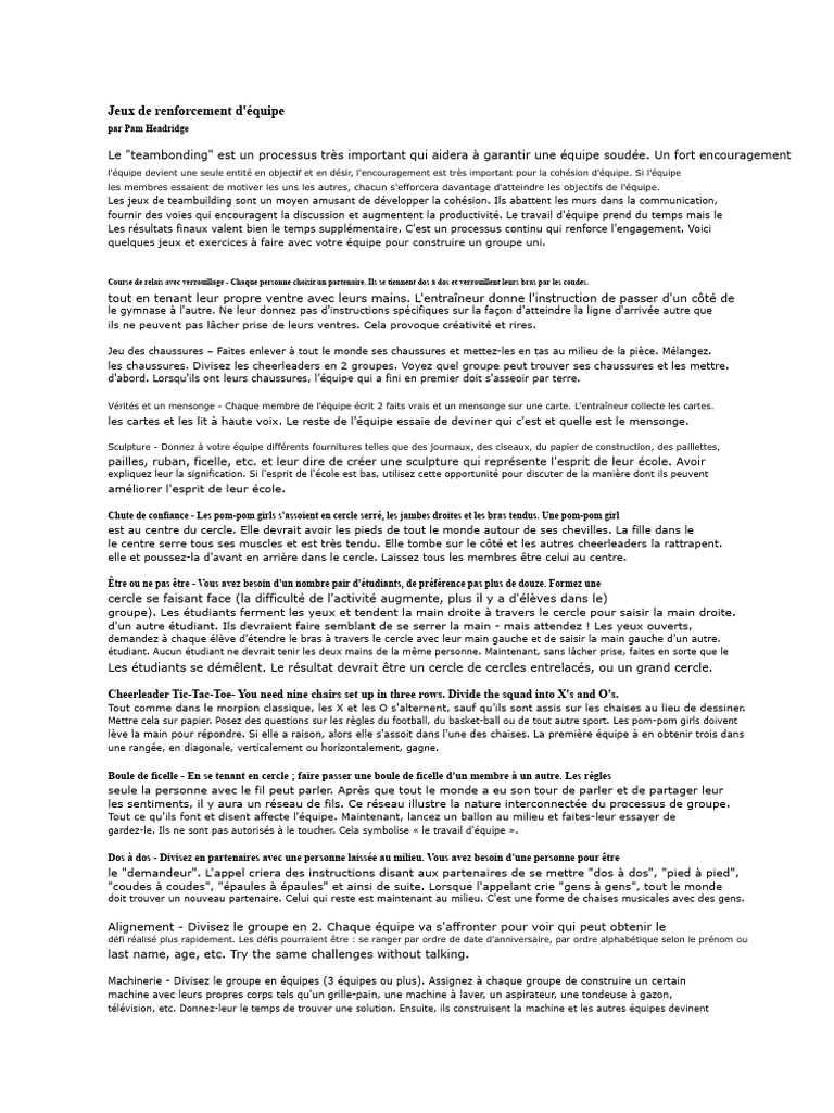 Jeux de renforcement d'équipe efficaces | PDF | Pom-pom girls | Équipes