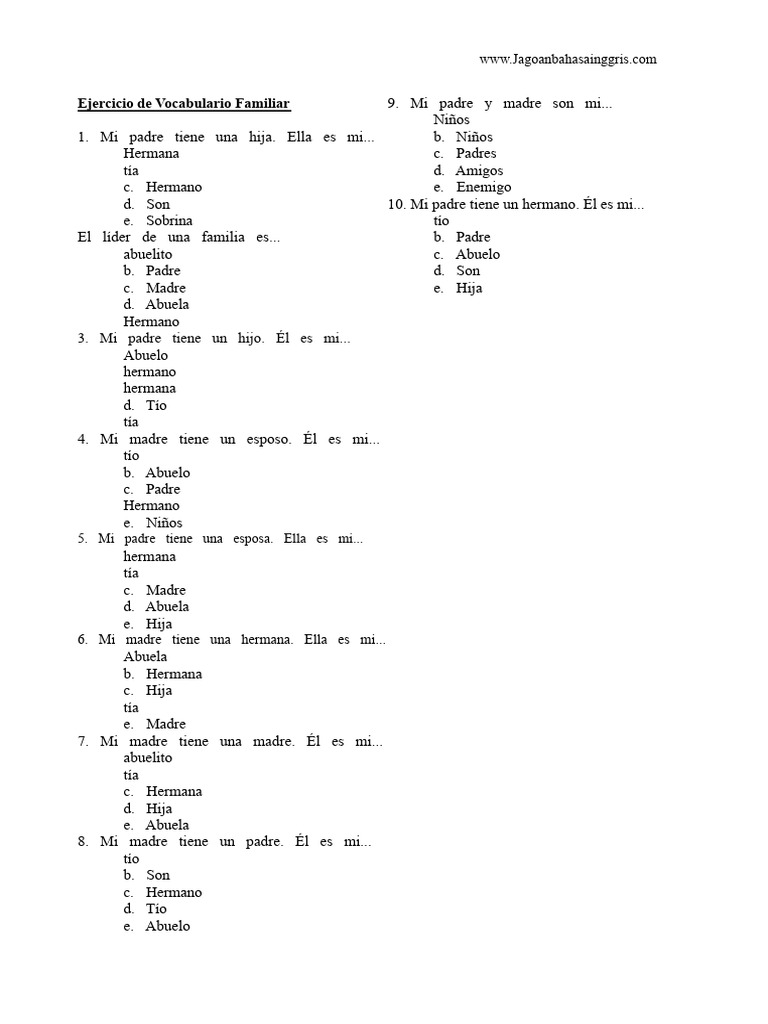 Ejercicio de Vocabulario Familiar | PDF