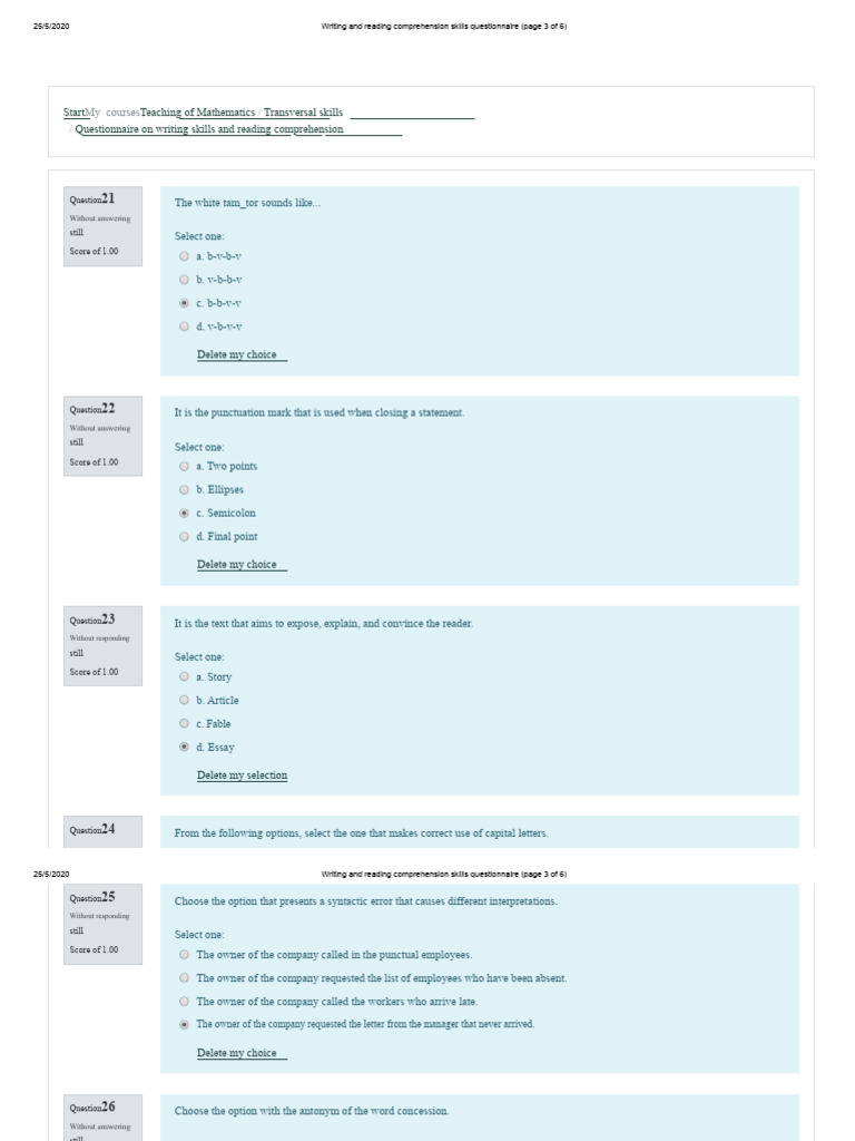 Writing and Reading Comprehension Skills Questionnaire (Page 3 of 6 ...