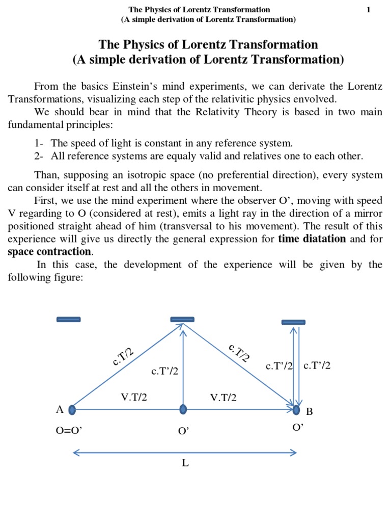 The Physics Of Lorentz Transformation A Simple Derivation Of Lorentz