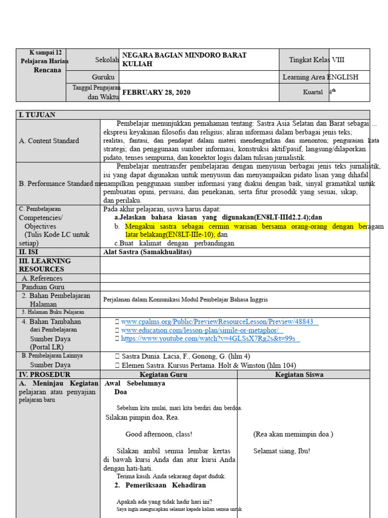 RENCANA PEMBELAJARAN - SIMILE Ciedelle Aranda BSED 2A | PDF