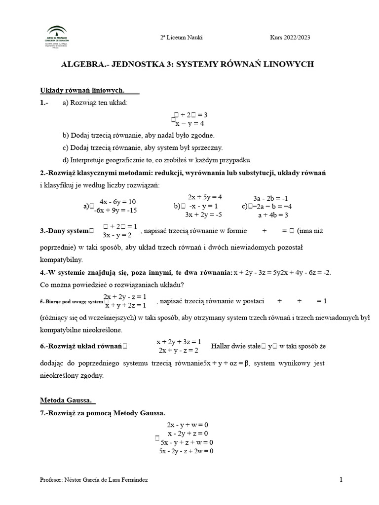 Relacja Algebra Jednostka Systemy Równań Liniowych | PDF