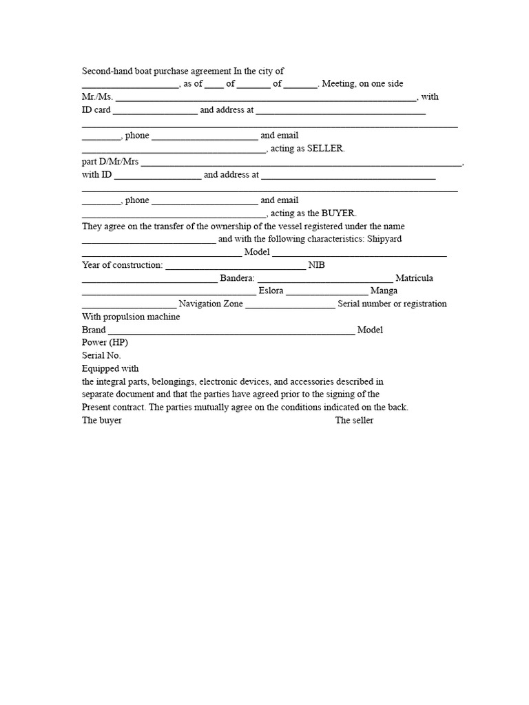 Second-Hand Boat Purchase Agreement | PDF