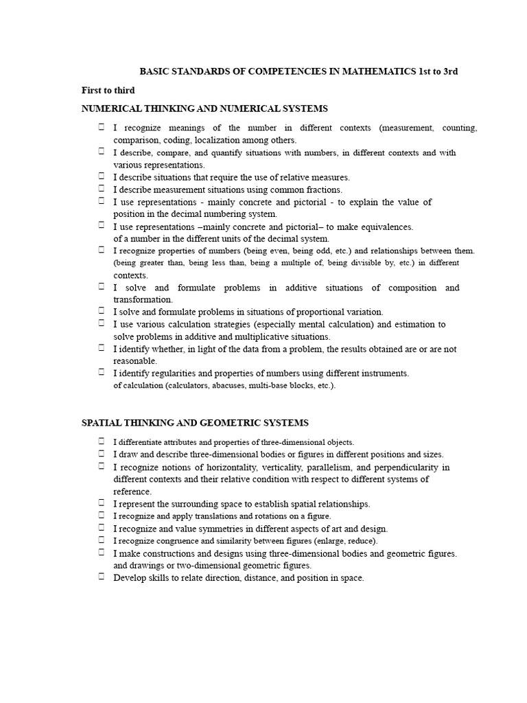 BASIC STANDARDS OF COMPETENCIES IN MATHEMATICS 1-3 | PDF | Numbers ...