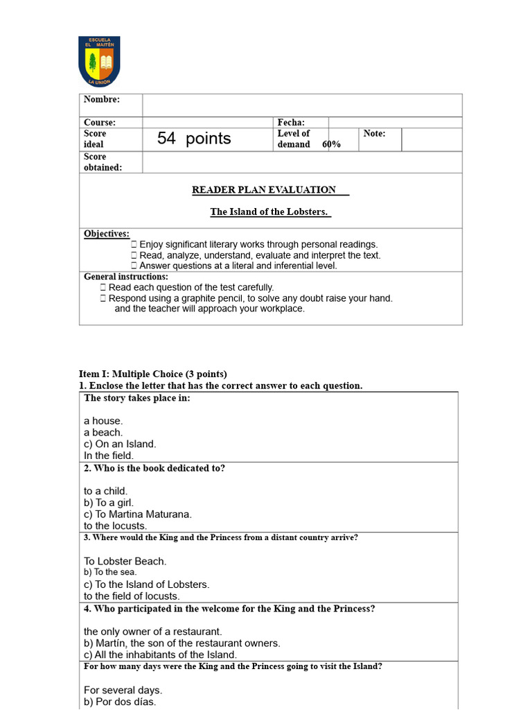 Test The Island of Lobsters | PDF | Multiple Choice