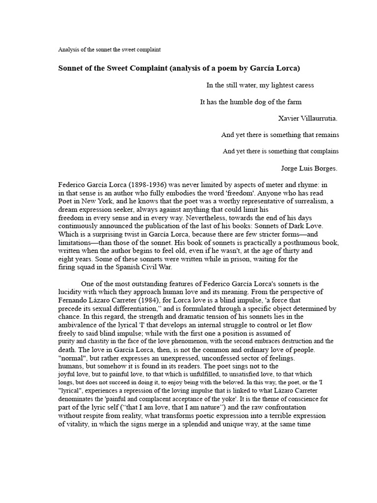 Analysis of The Sonnet "The Sweet Complaint" by Garcia Lorca | PDF ...