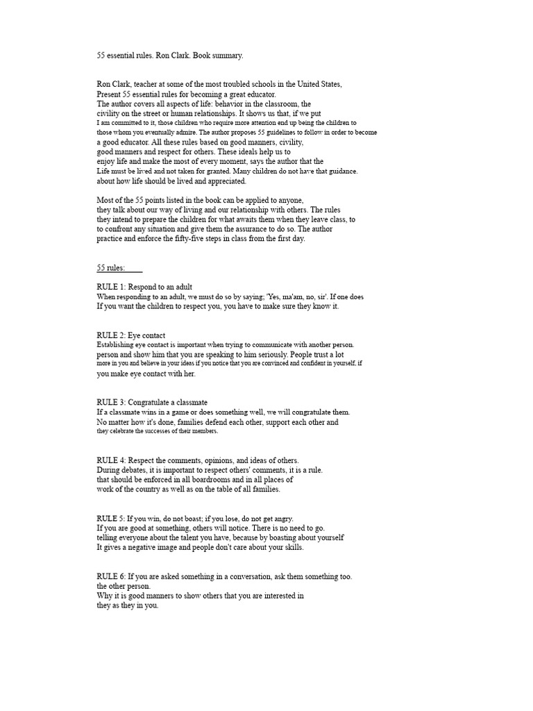 55 Essential Rules - Ron Clark - Summary | PDF | Teachers