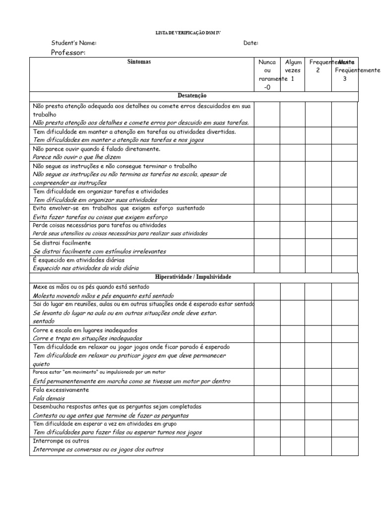 Lista de Verificação de Sintomas DSM IV | PDF | Transtorno de déficit ...