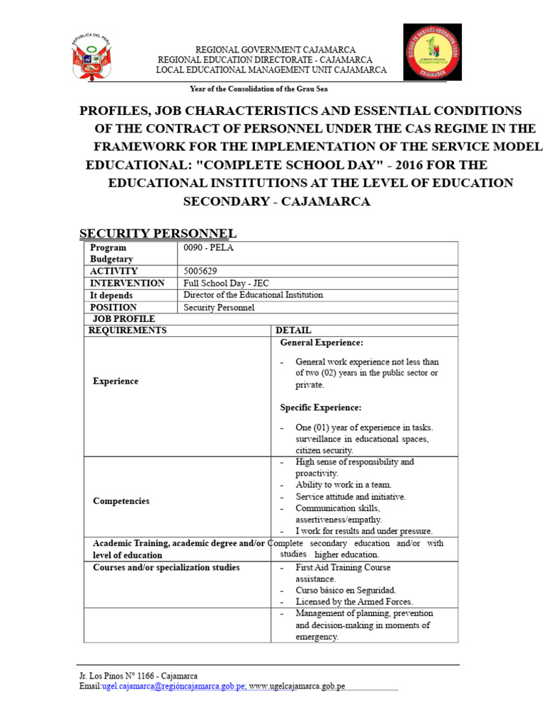 Security Personnel Job Profile - Cajamarca | PDF