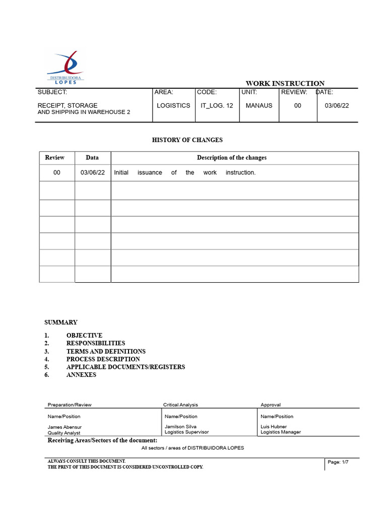 It - Log. 12 - Work Instruction For Receiving, Storage and Shipping in ...
