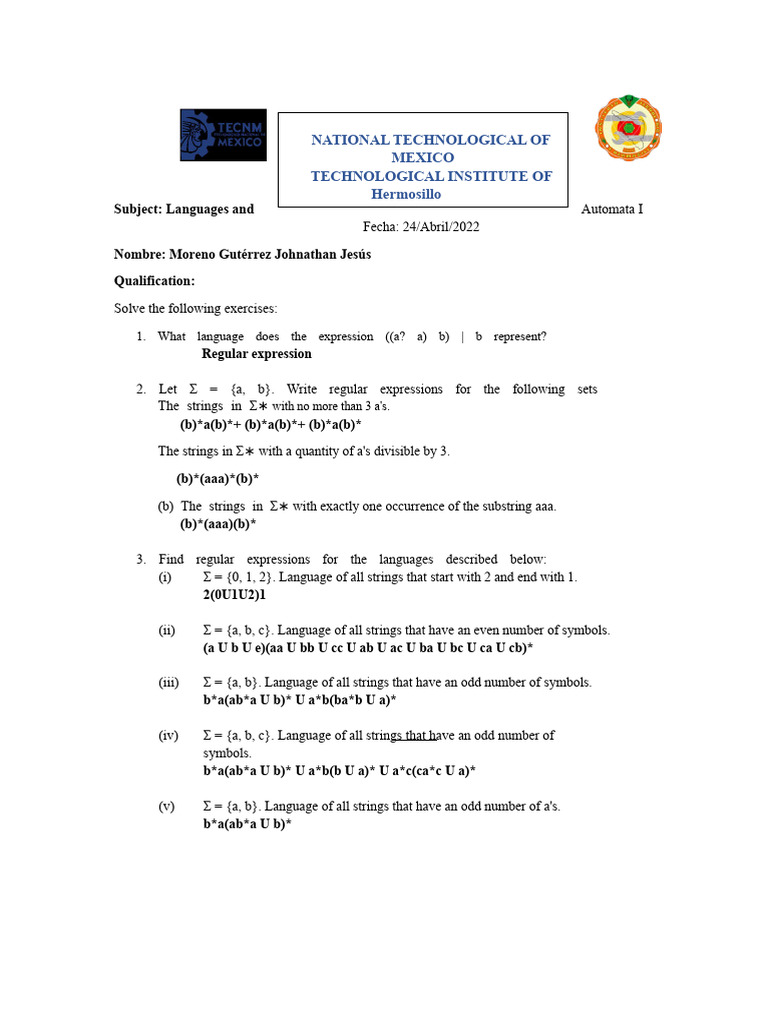 Languages and Automata I - Exam I Key SCD1015 Group S6C | PDF ...