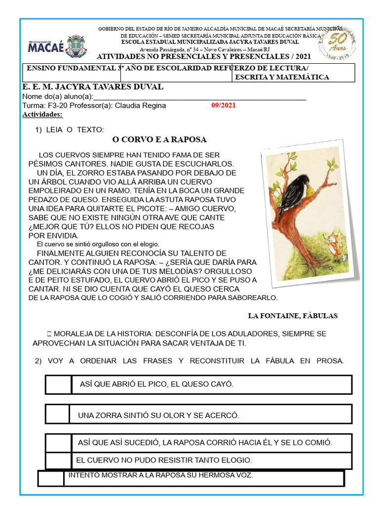 ACTIVIDADES EL CUERVO Y LA ZORRA | PDF | Escritura | Lingüística