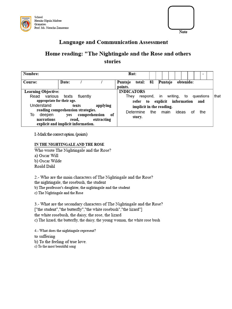 Evaluation of The Nightingale and The Rose and Other Stories | PDF ...