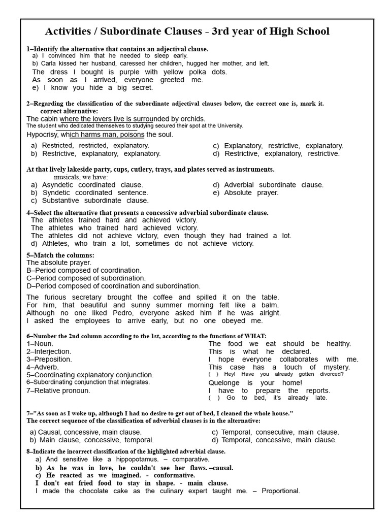 Activities On Subordinate Clauses 3rd Year of High School | PDF ...
