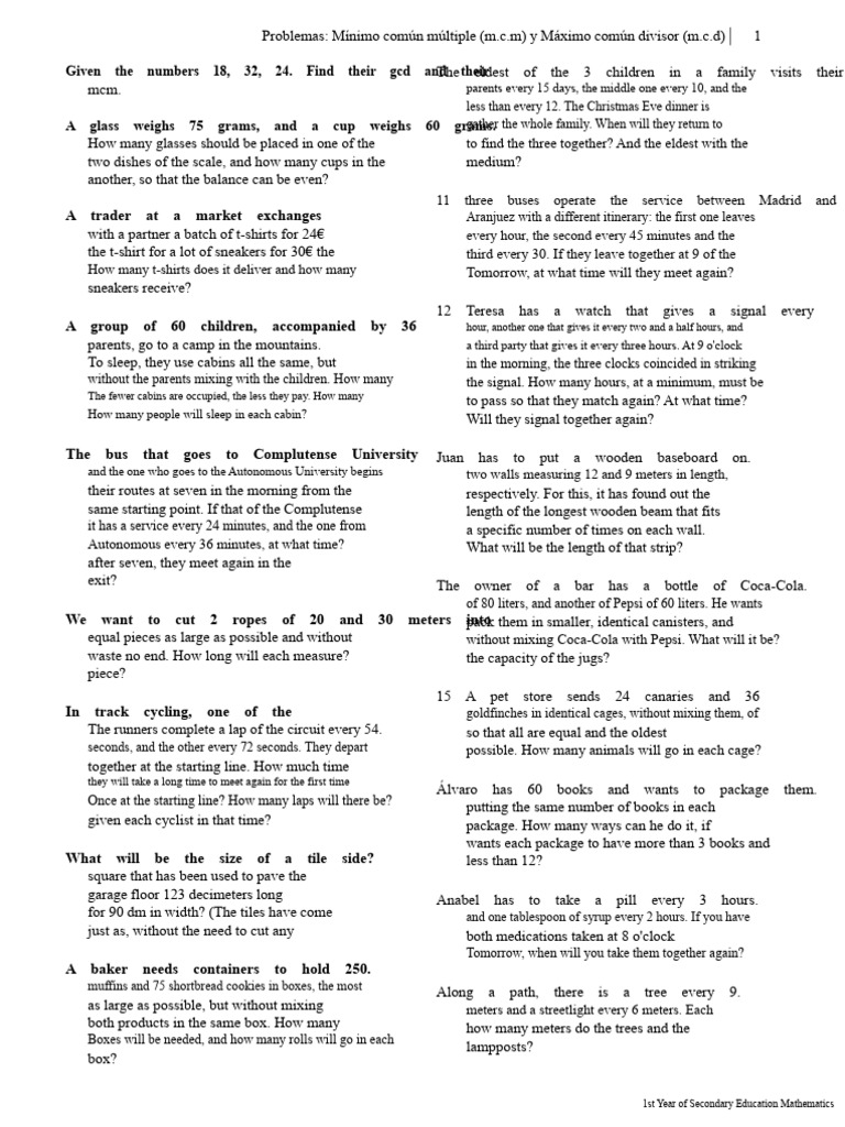 1st Year of ESO Problems LCM and GCD | PDF | Number Theory | Discrete ...