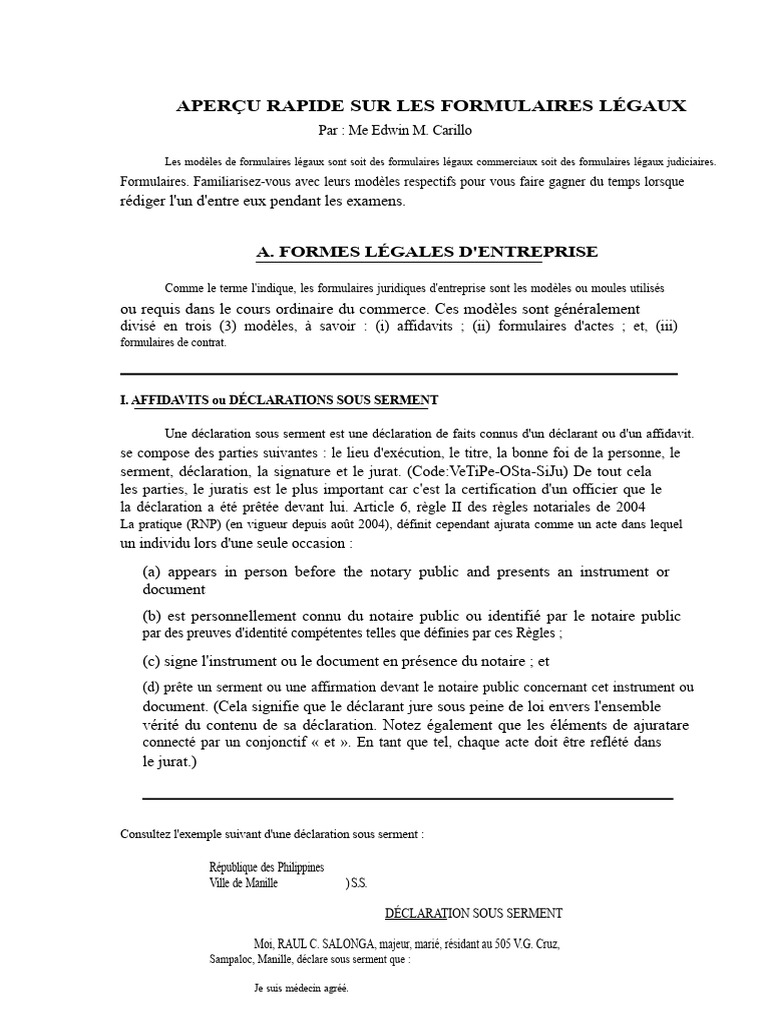 Formulaires Légaux : Guide Pratique | PDF | Déclaration sous serment ...