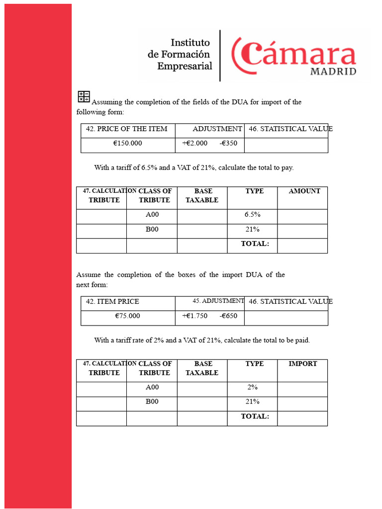 T7.-DUA import exercises | PDF | Value Added Tax | Trade
