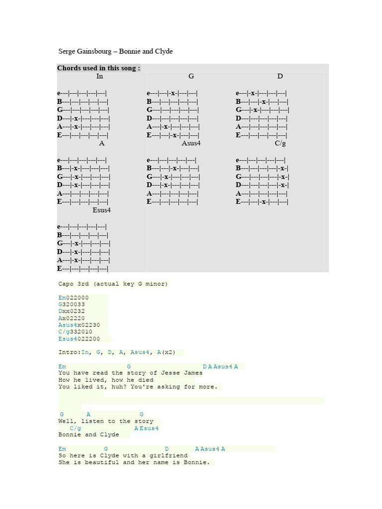 Chords - Serge Gainsbourg - Bonnie and Clyde | PDF
