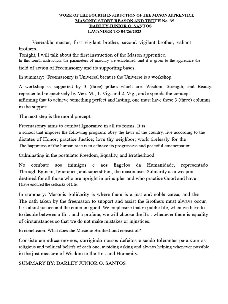 WORK OF THE FOURTH INSTRUCTION OF THE MASONIC APPRENTICE | PDF