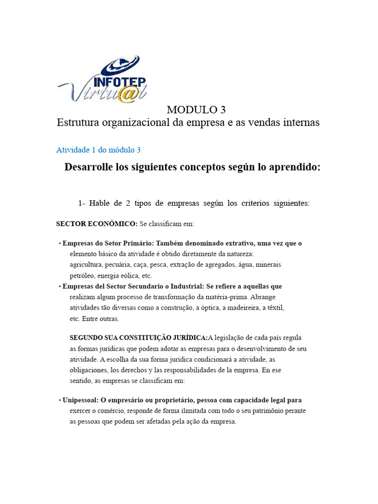 Atividade 1 módulo 3 INFOTEP | PDF | Economia | Empresas