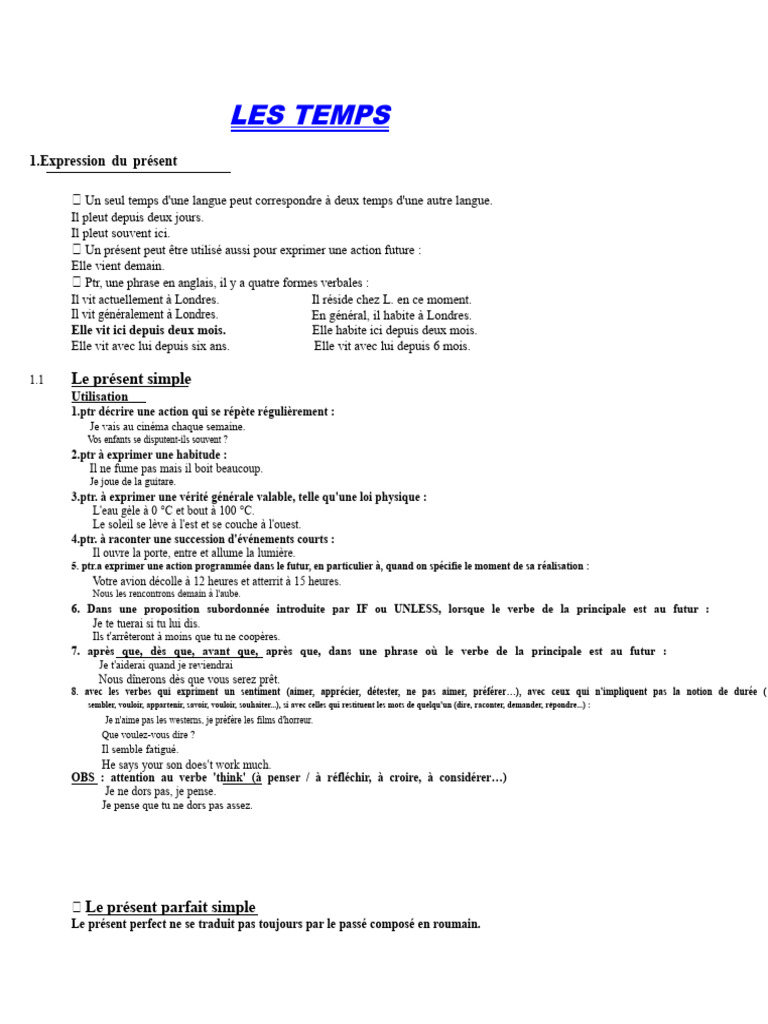 Les Temps Verbaux en Français | PDF | Aspect accompli/inaccompli | Verbe