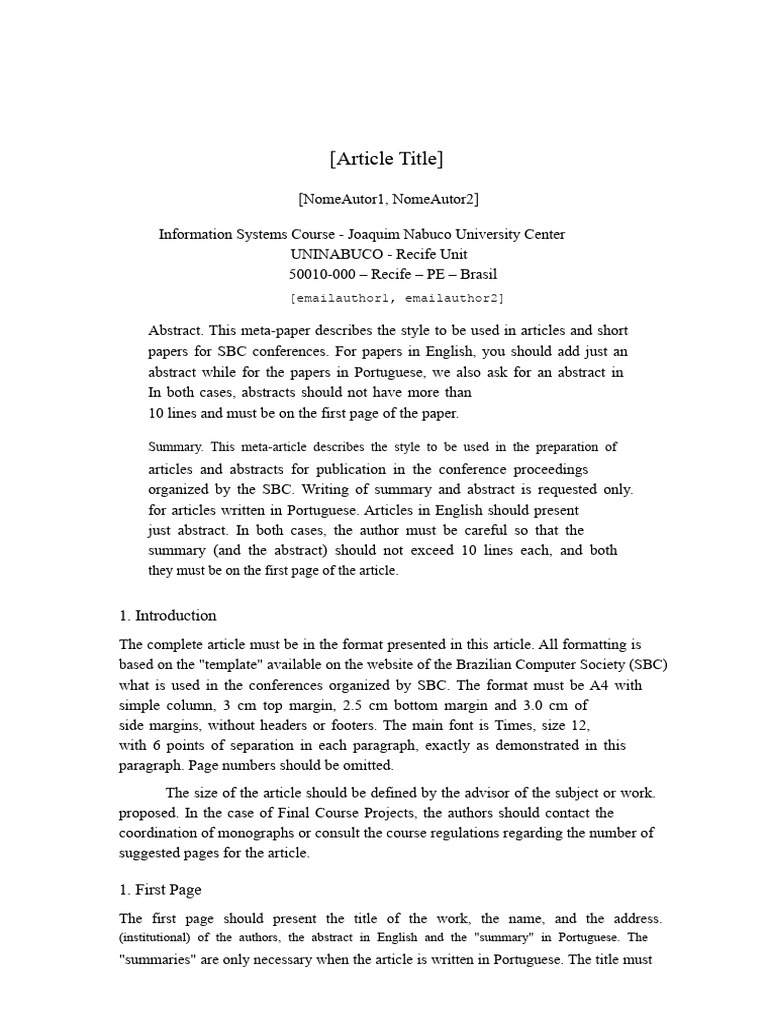 392590405 Model Article Sbc Template Portuguese | PDF | Abstract (Summary) | Paragraph