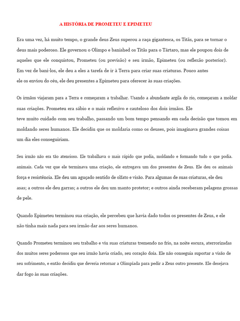 Prometeu e Epimeteu: Mitos Gregos | PDF | Prometeu