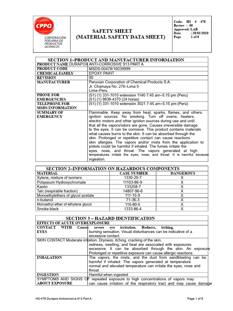 Durapox Anti-Corrosive 913 Part A MSDS | PDF | Personal Protective ...