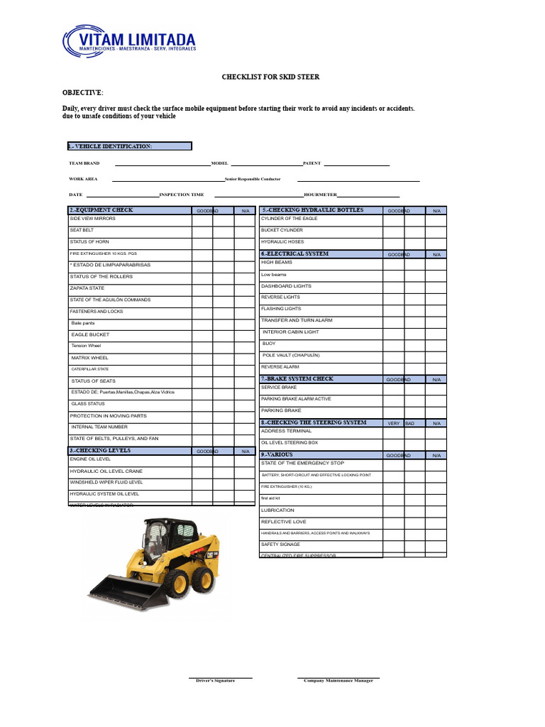 Mini Loader Checklist | PDF | Loader (Equipment) | Steering