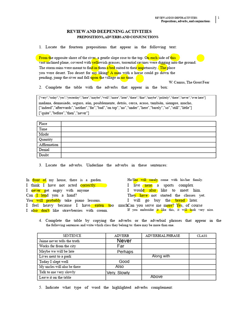 Activities Prepositions Adverbs and Conjunctions | PDF | Adverb | Chocolate