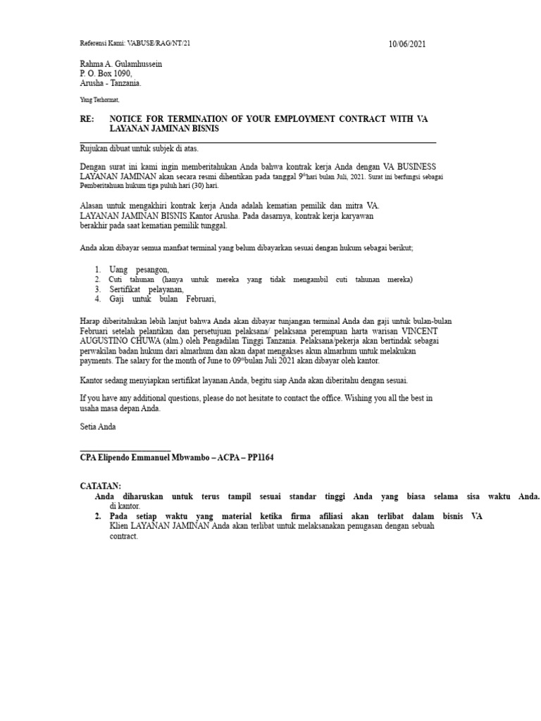 Rahma a Gulamhussein - Pemberitahuan Pemutusan Kontrak Kerja | PDF