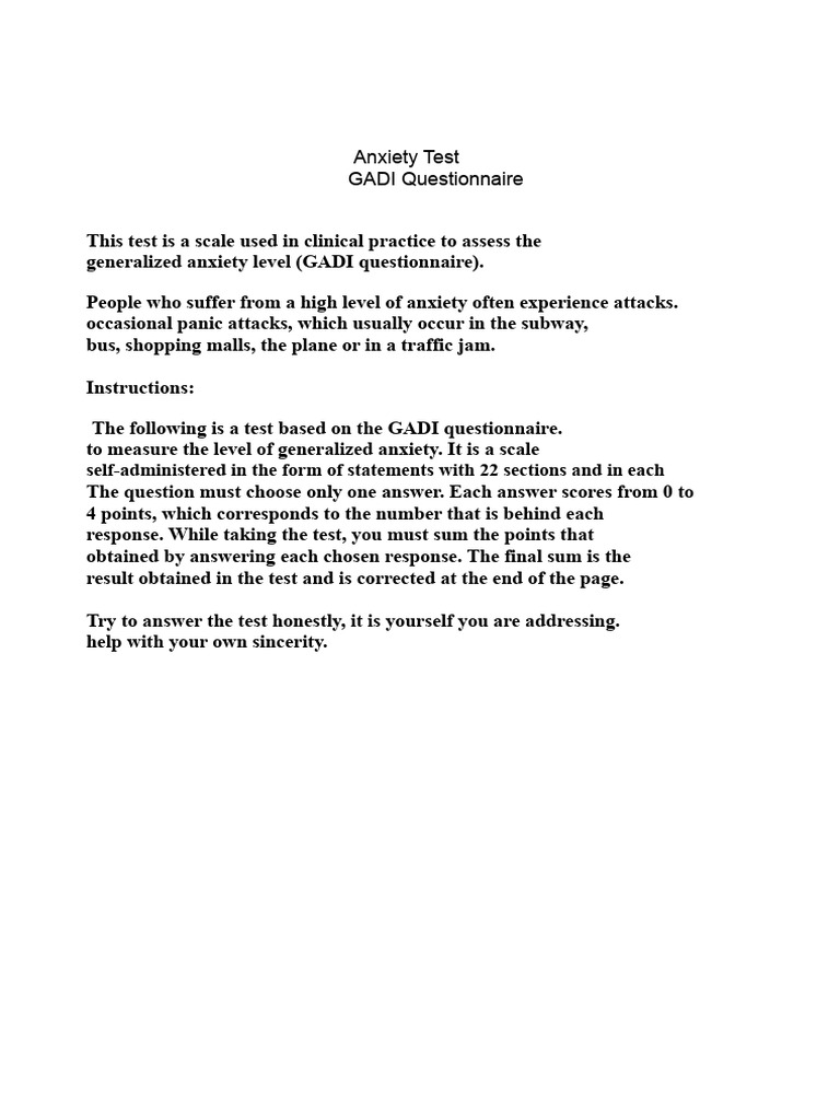 Anxiety Test GAD Questionnaire (3) | PDF | Anxiety | Generalized ...