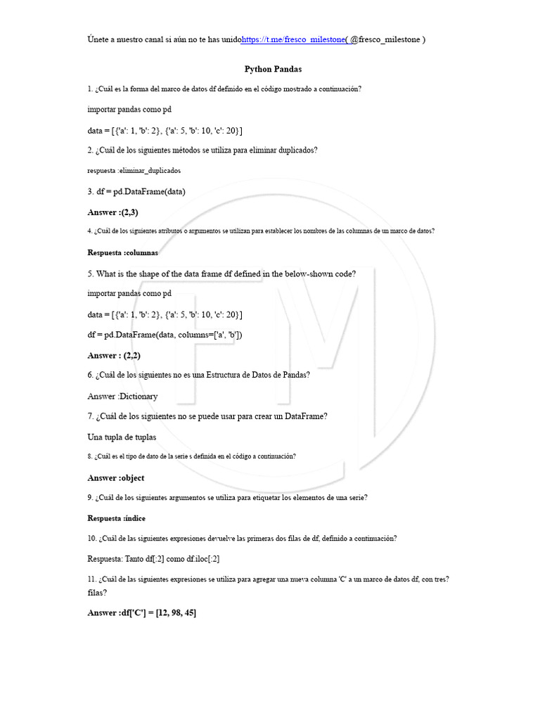 Cuestionarios de Opción Múltiple Sobre Python Pandas | PDF | Python (lenguaje de programación ...