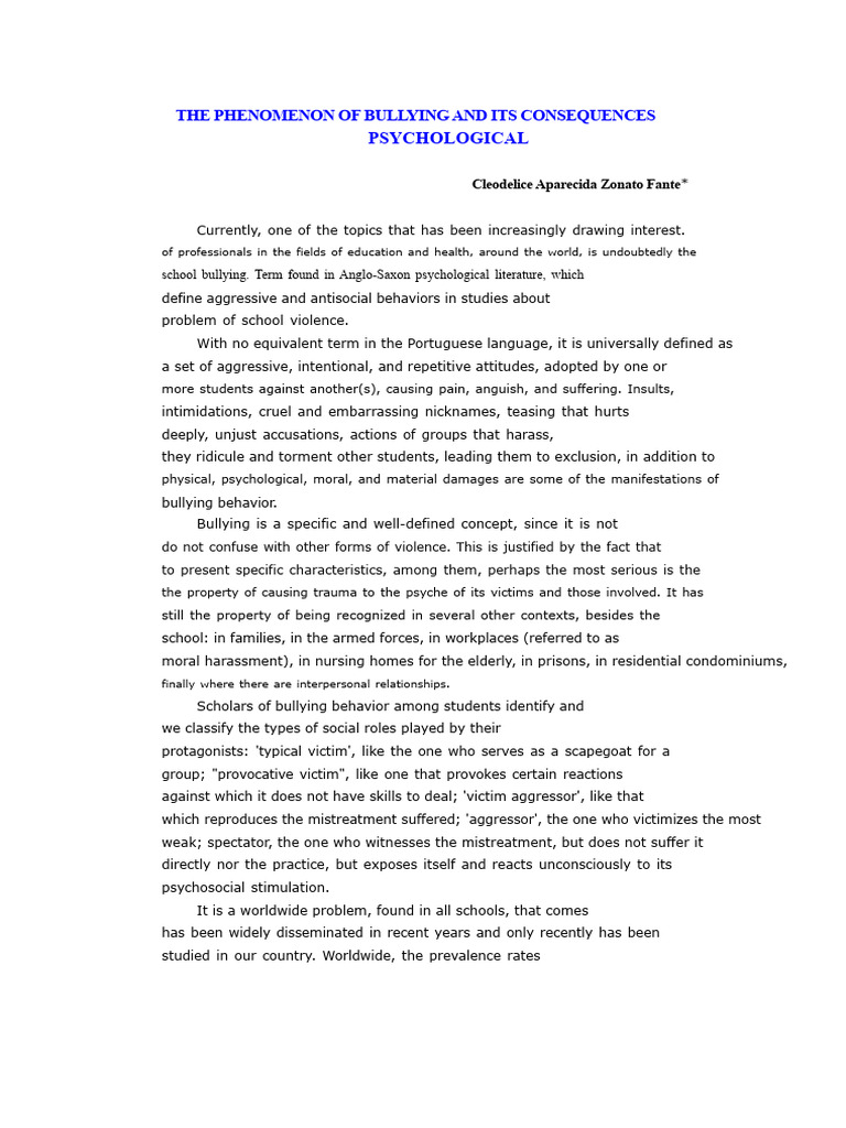 The Phenomenon of Bullying and Its Psychological Consequences | PDF ...