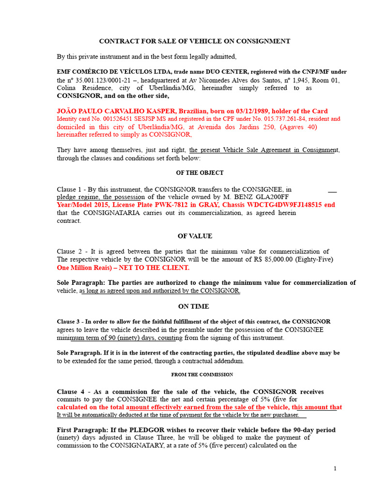 Vehicle Consignment Contract Model Duo - Joao Paulo Carvalho Kasper ...