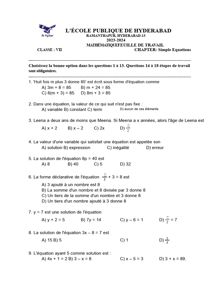 Feuille de travail sur les équations simples | PDF | Équations ...