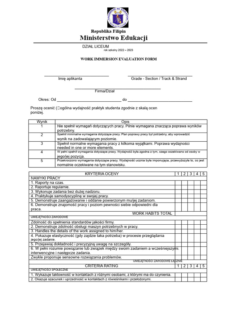 Formularz Oceny Praktyk Zawodowych | PDF
