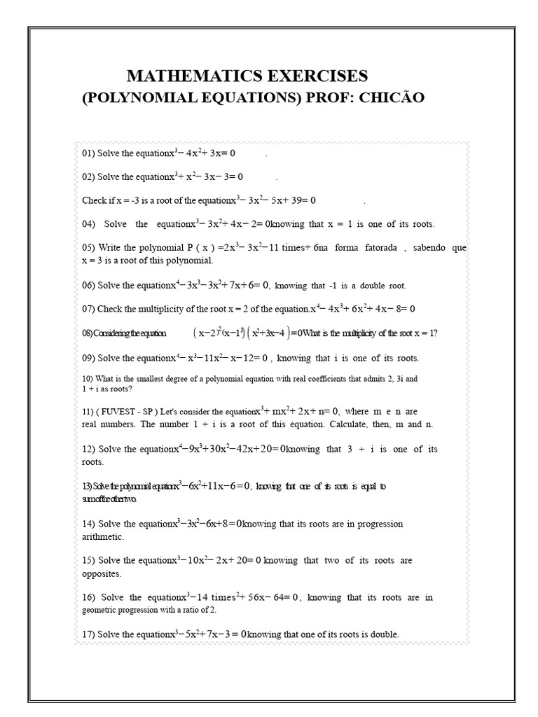 Exercises on Polynomial Equations 03-09-09 | PDF | Equations | Zero Of ...