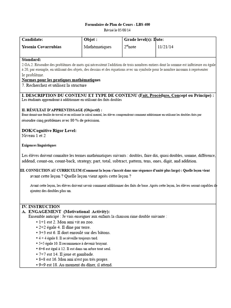 Plan de Cours : Addition des Doubles en Mathématiques | PDF | Mathématiques