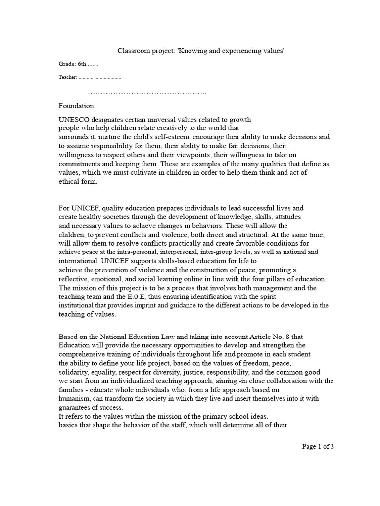 Values Project For 6th Grade | PDF | Value (Ethics) | Violence