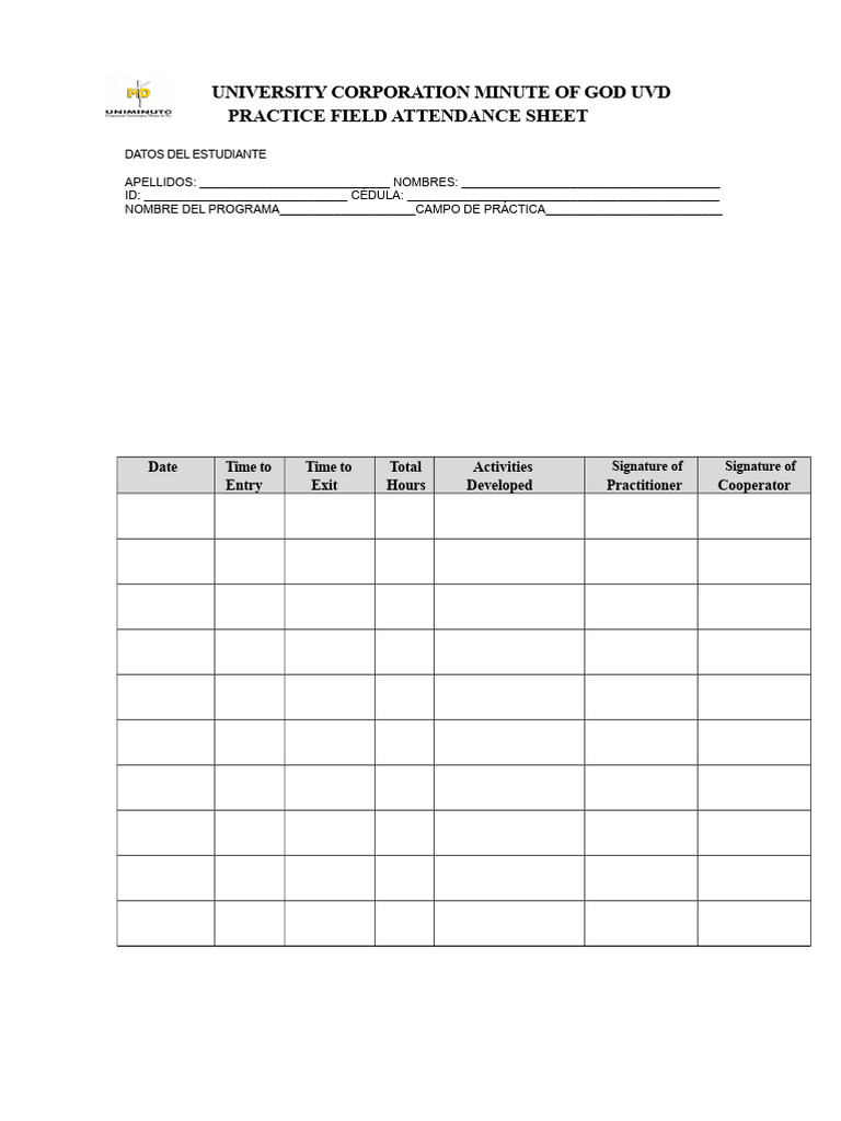 ATTENDANCE SHEET FOR PROFESSIONAL PRACTICE FIELD I and II | PDF