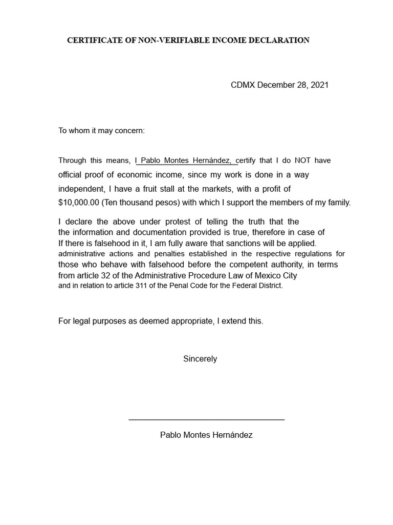 Certificate of Declaration of Unverified Income | PDF