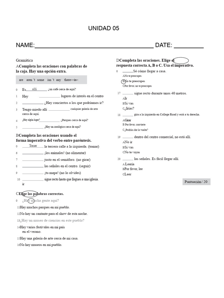 Openmind 1 Unidad 5 Prueba de Gramática y Vocabulario A | PDF