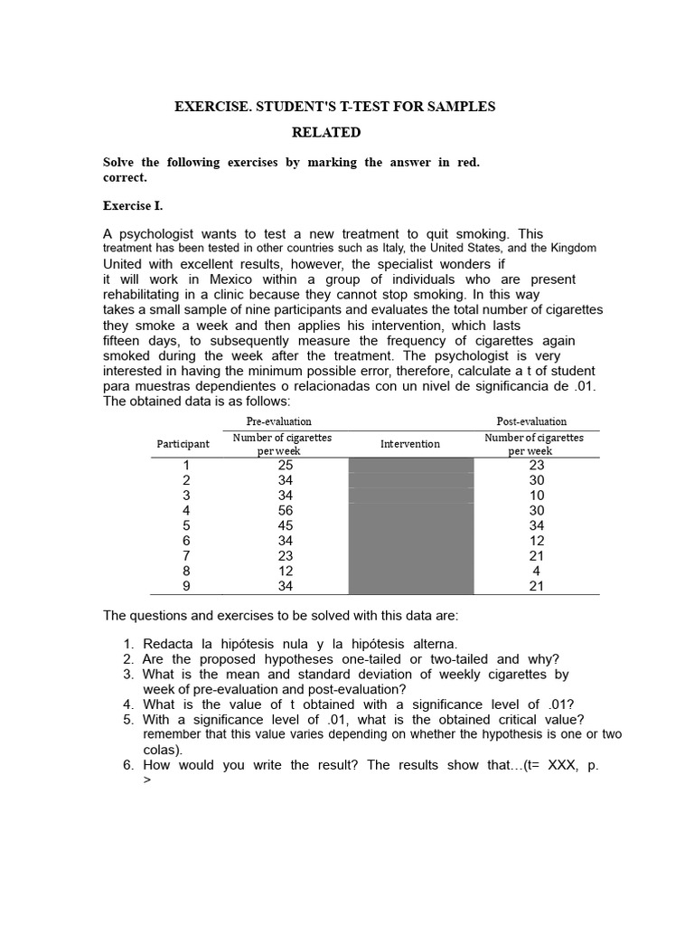 Student's T-Test Exercises for Psychology | PDF | Statistical ...
